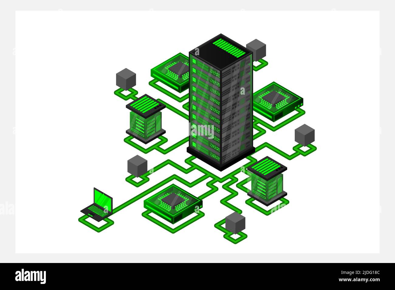 Concept of data network management .Vector isometric map with business networking servers ...