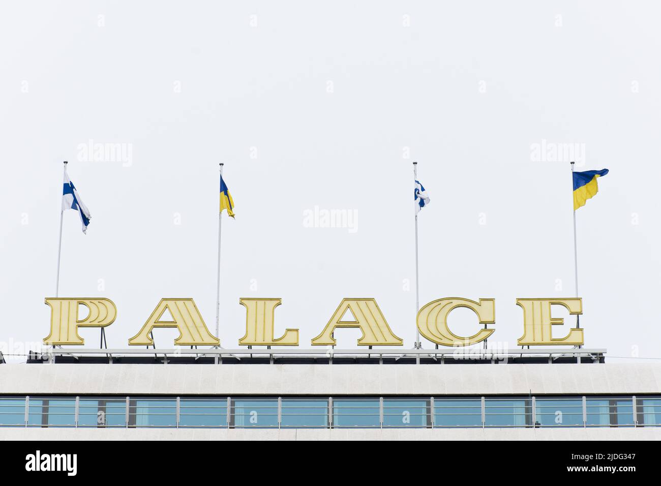Finnish and Estonian flags on the roof of Palace hotel on Eteläranta ...