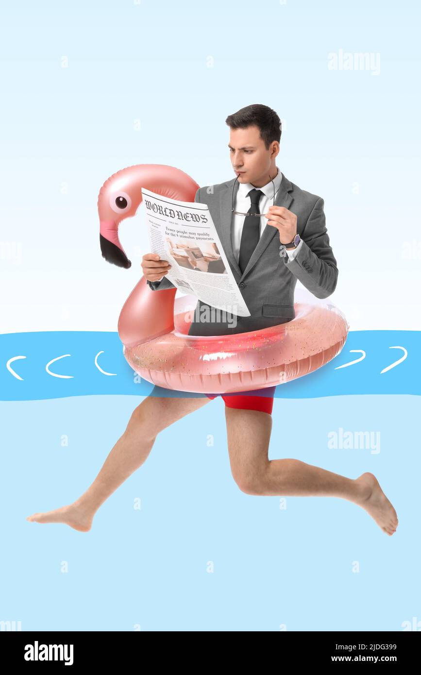 Collage with funny businessman with inflatable ring reading newspaper ...