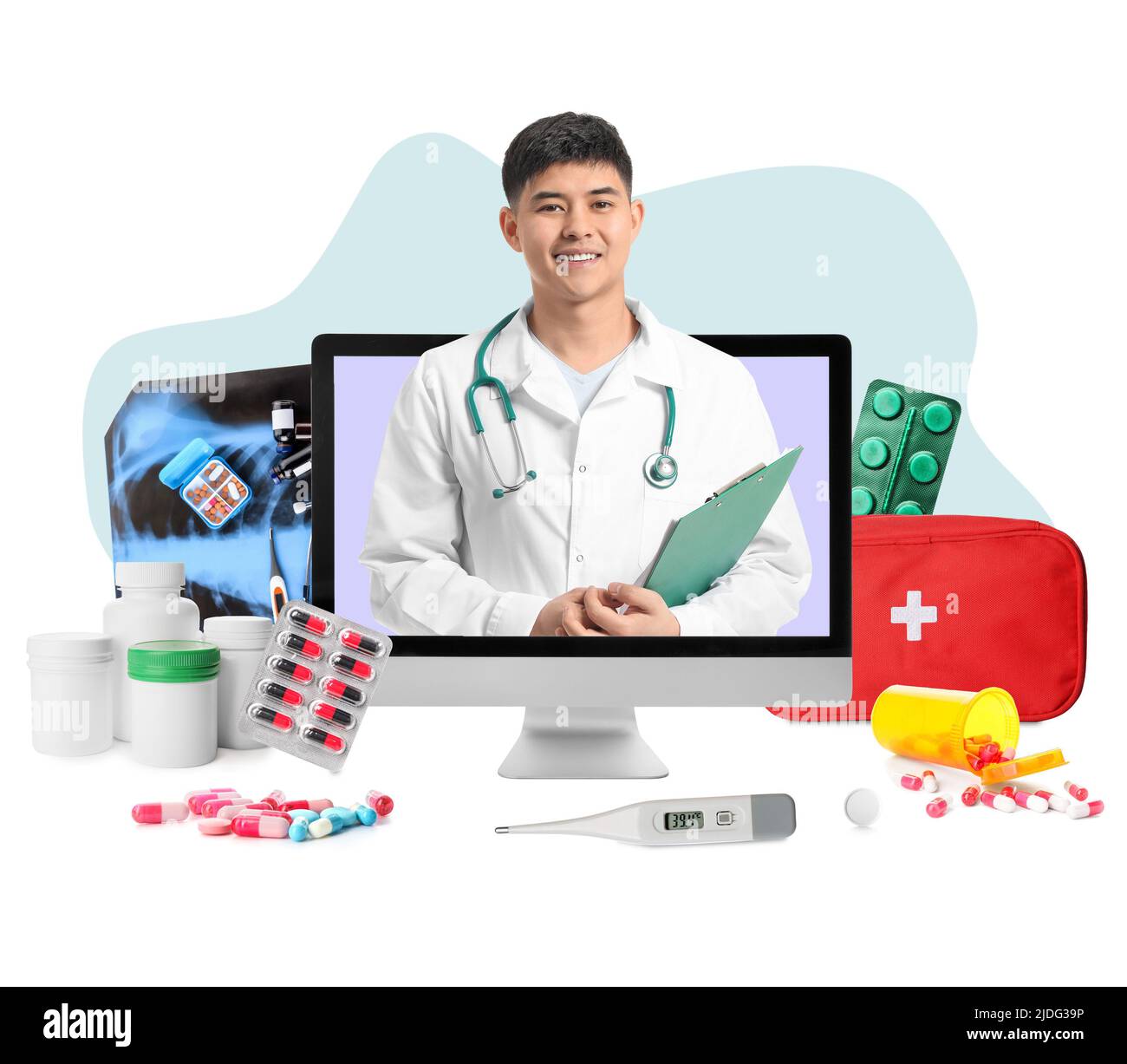 Young Asian doctor on screen of modern laptop against white background ...