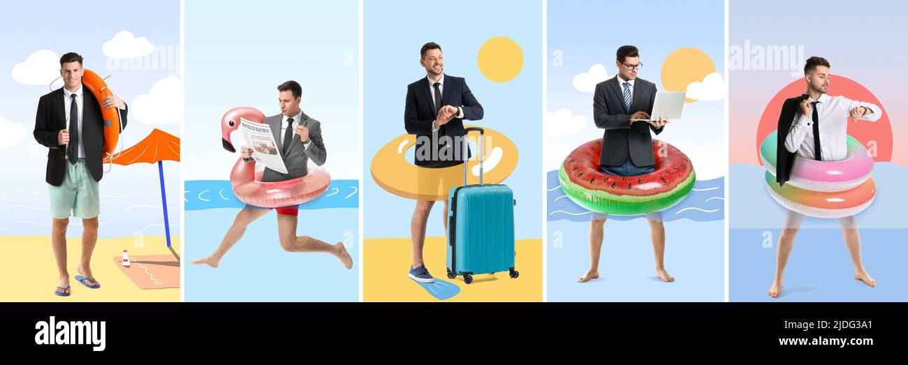 Collage with set of funny businessmen waiting for their vacation Stock ...