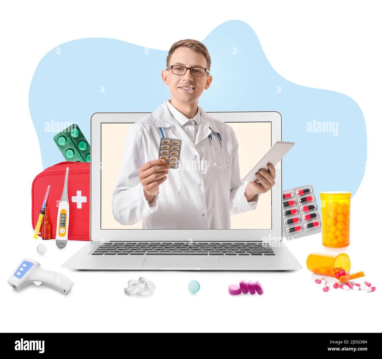 Young male doctor giving pills through screen of modern laptop on white ...