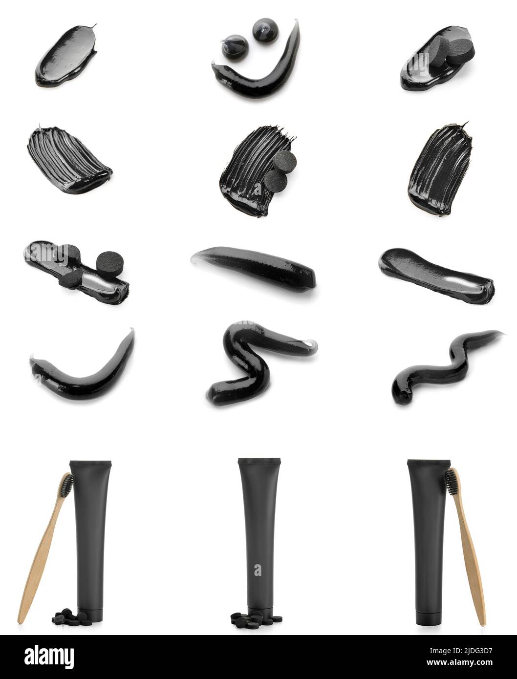 Set of activated charcoal tooth paste and brushes isolated on white ...