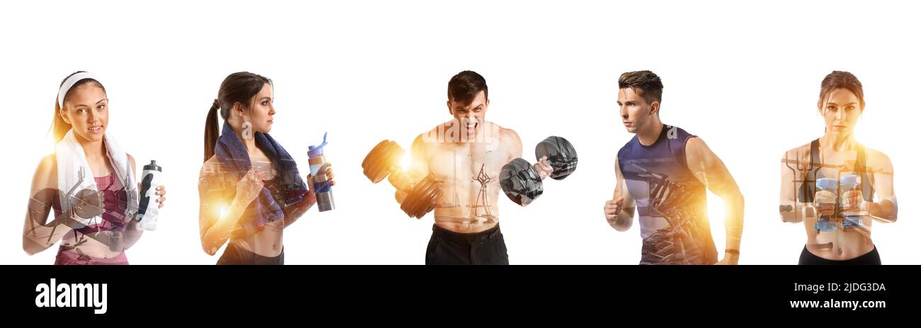 Double exposure of sporty people and modern gym on white background ...