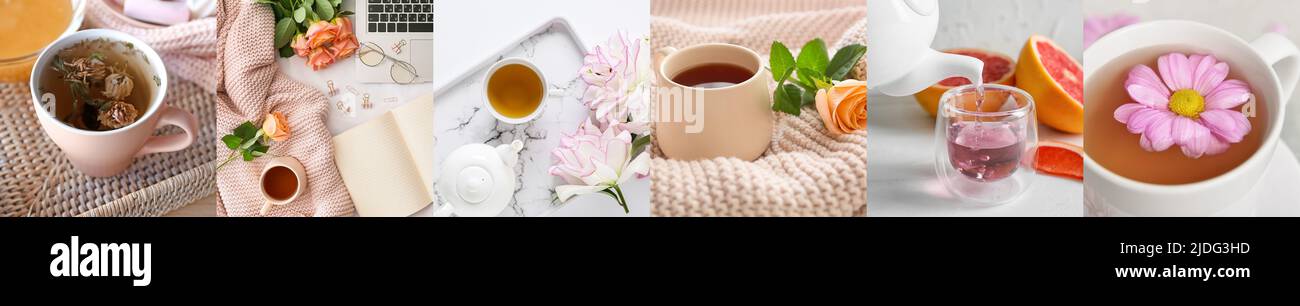 Collage of cups with tasty aromatic tea Stock Photo - Alamy