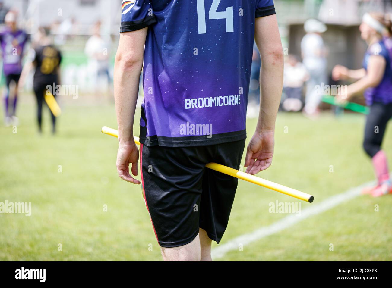 Hanover, Germany. 11th June, 2022. A Quidditch player wears a tube made ...