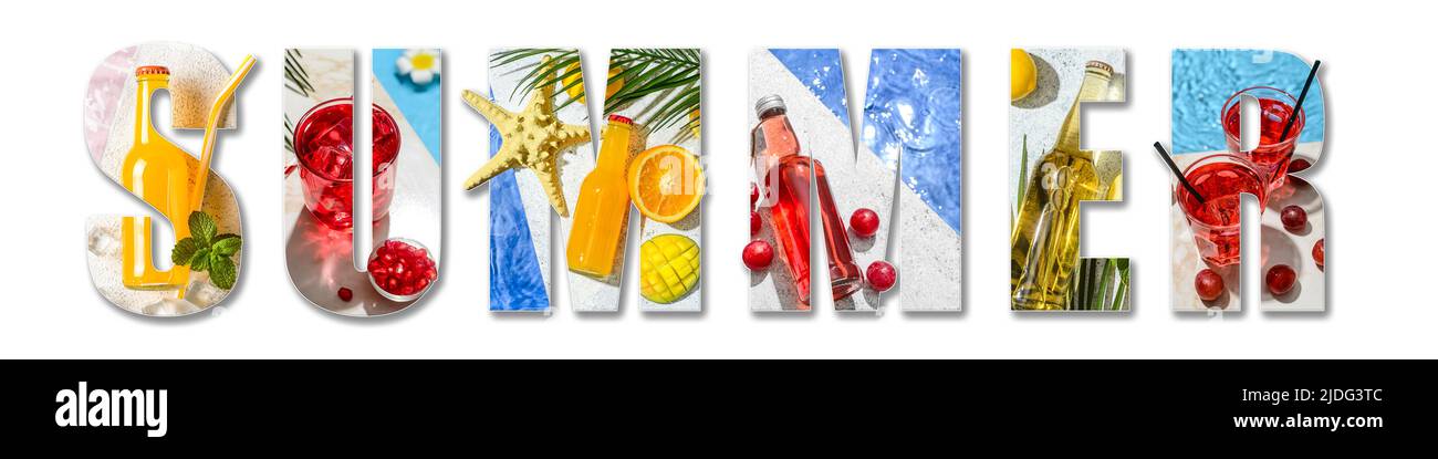 Collage with word SUMMER, different drinks and fruits on white ...