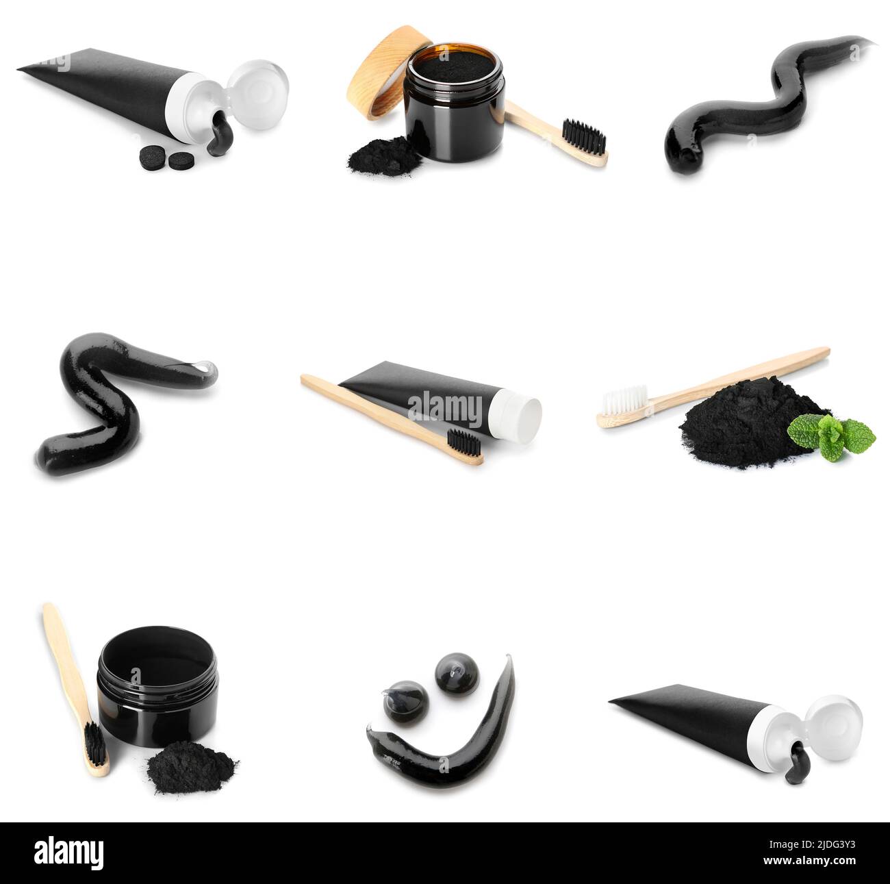 Set of activated charcoal tooth powder, paste and brushes isolated on ...