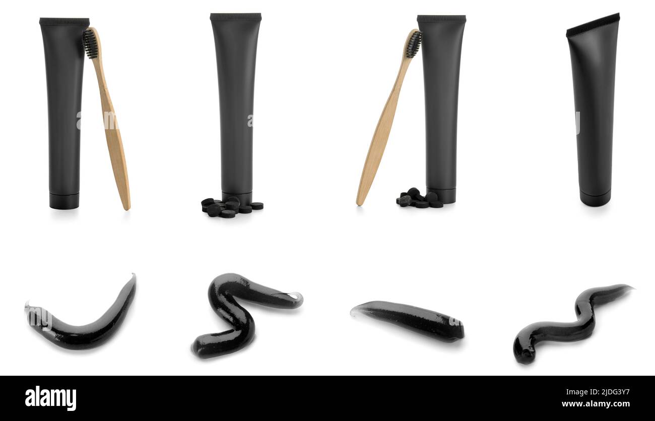 Set of activated charcoal tooth paste and brushes isolated on white ...