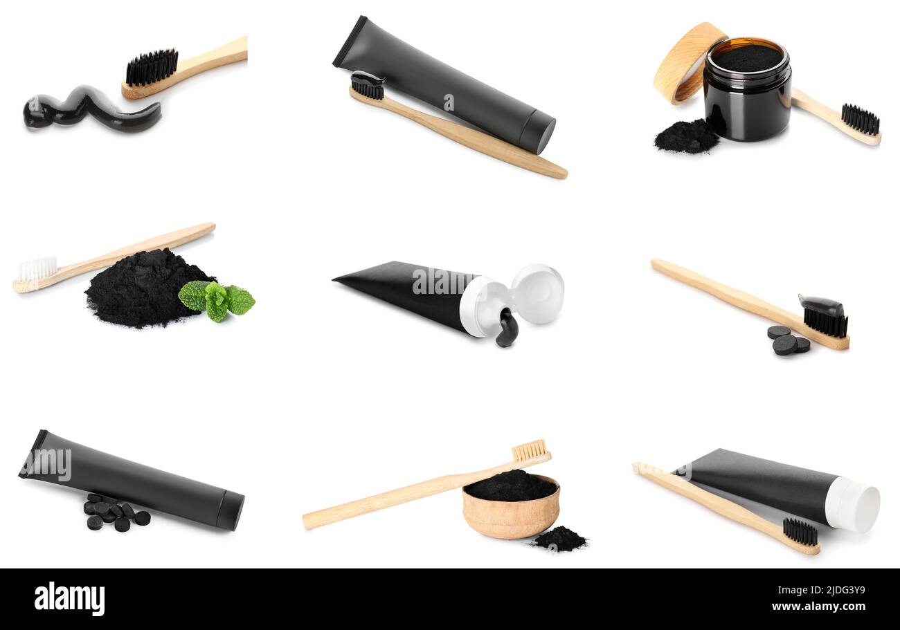 Set of activated charcoal tooth powder, paste and brushes isolated on ...