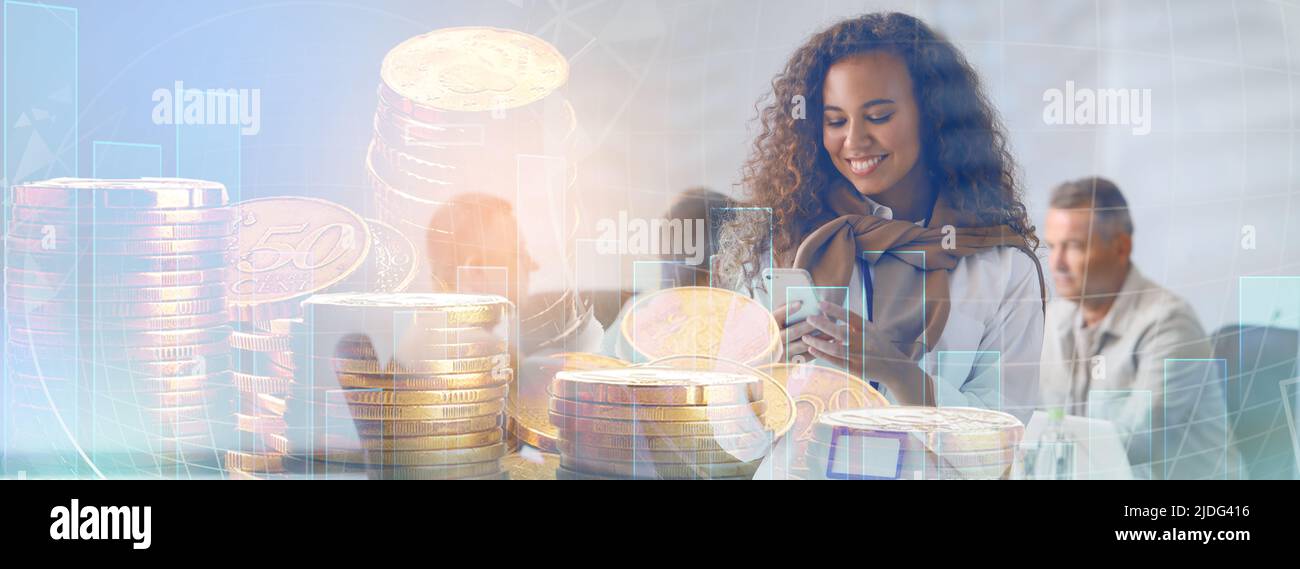 Collage with businesswoman using smartphone, coins and graphs Stock ...