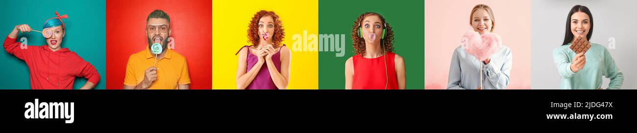 Set of people with different sweets on colorful background Stock Photo ...