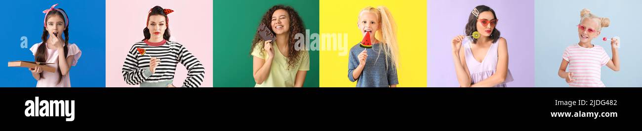 Set of people with different sweets on colorful background Stock Photo ...