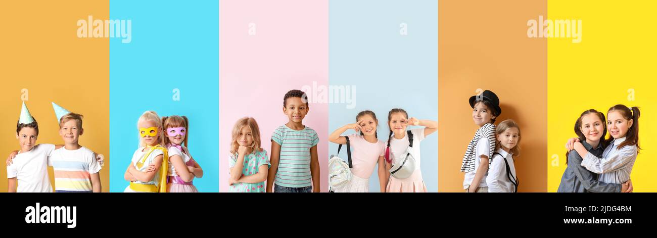 Group of happy little children on colorful background with space for ...