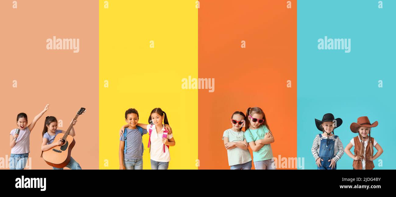 Group of happy little children on colorful background with space for ...