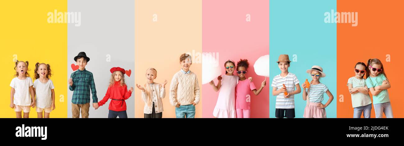 Group of happy little children on colorful background with space for ...