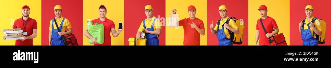 Set of couriers of food delivery service on colorful background Stock ...