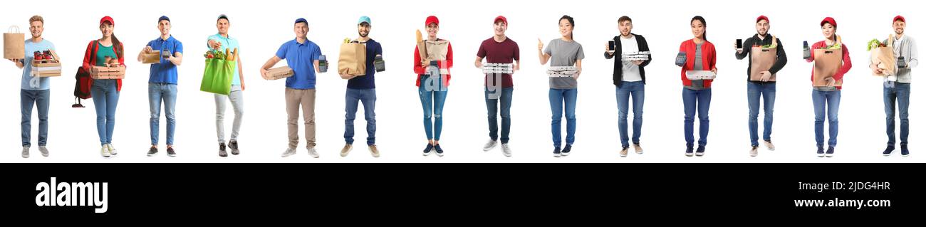 Set of couriers of food delivery service on white background Stock ...