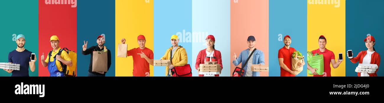 Set of couriers of food delivery service on colorful background Stock ...