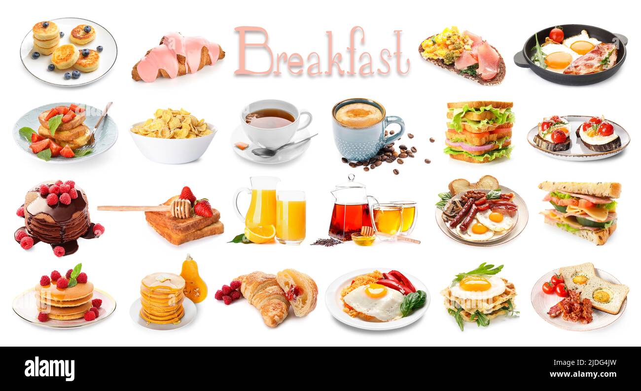 Collection of tasty breakfasts on white background Stock Photo - Alamy