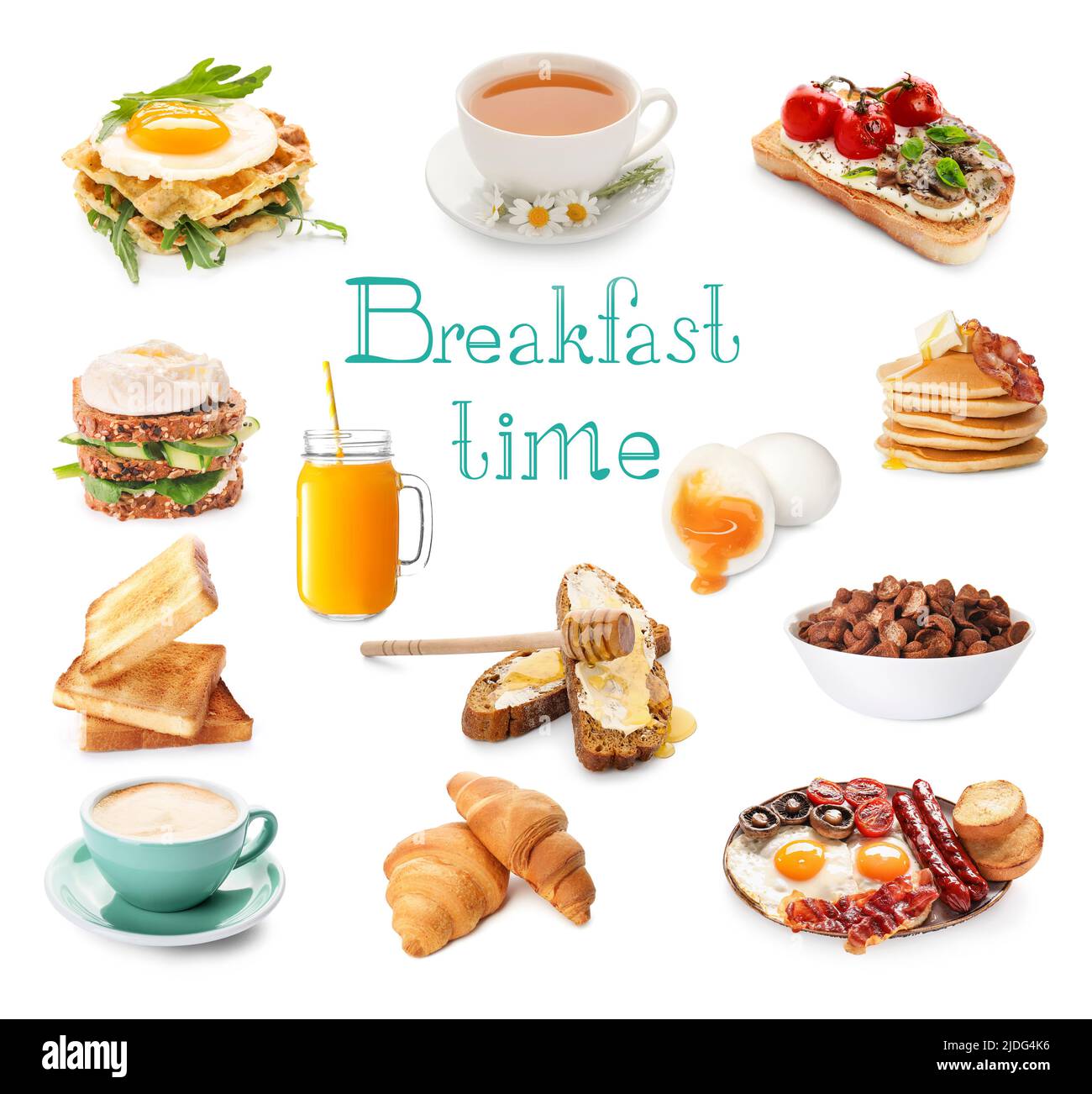 Collection of tasty breakfasts on white background Stock Photo - Alamy