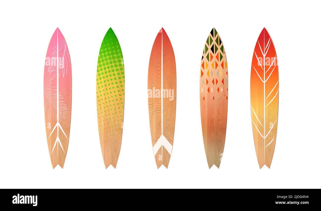 Set of creative wooden surfboards on white background Stock Photo - Alamy
