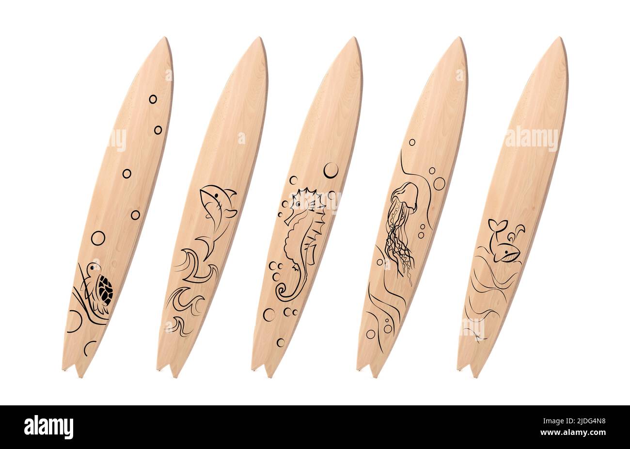 Set of creative wooden surfboards on white background Stock Photo - Alamy