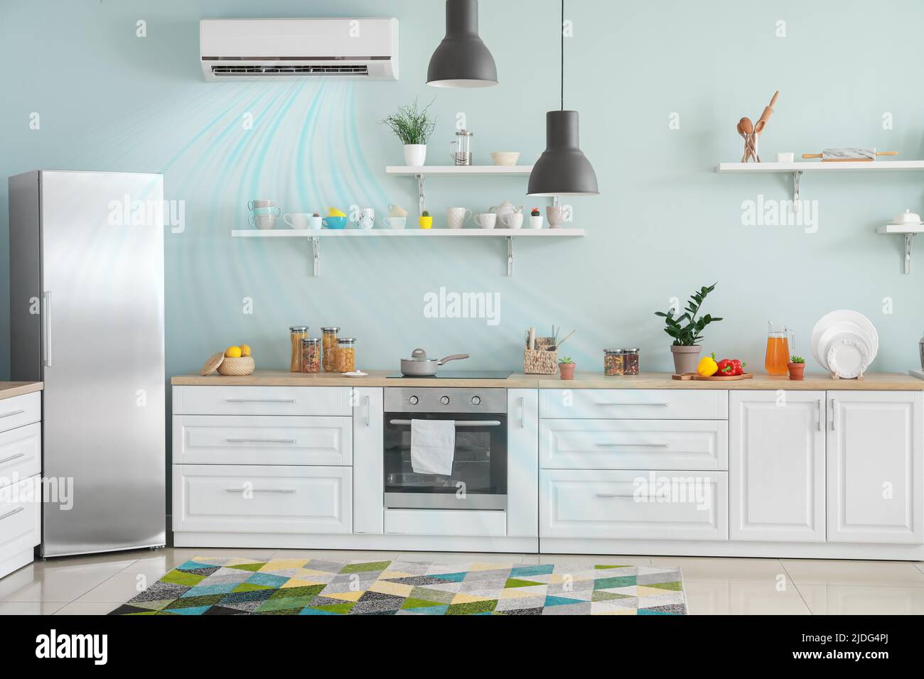 Interior of modern comfortable kitchen with air conditioner Stock Photo ...