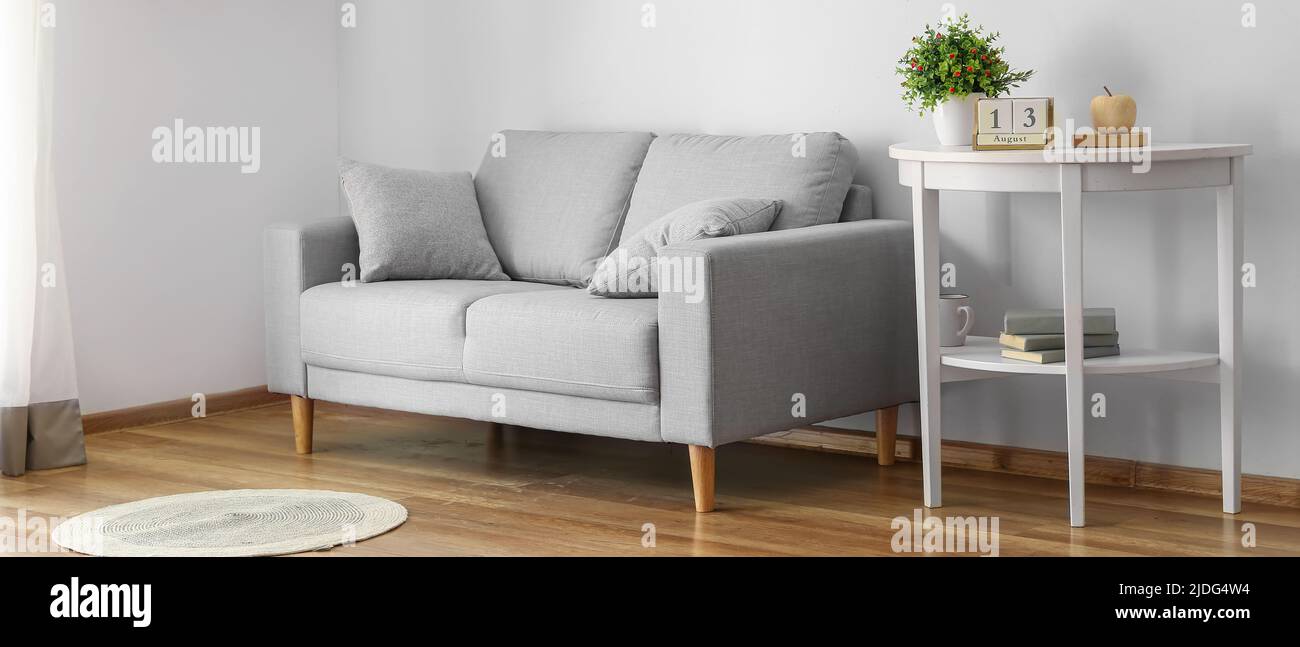 Interior of light living room with comfortable couch and table Stock ...