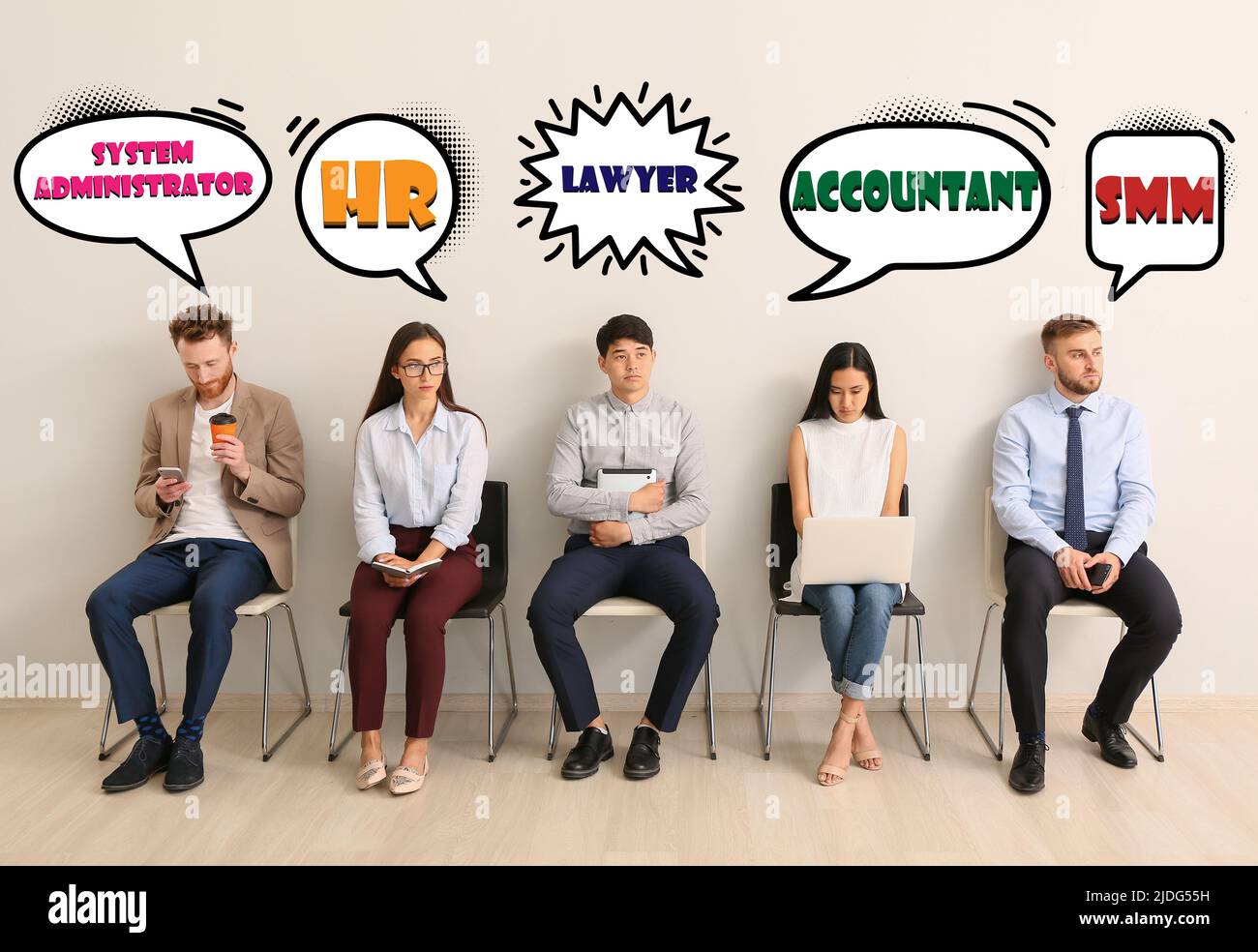 Young people of different professions waiting for job interview Stock ...