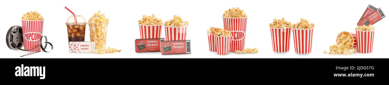 Set of tasty popcorn with cold cola, cinema tickets and film reel on ...