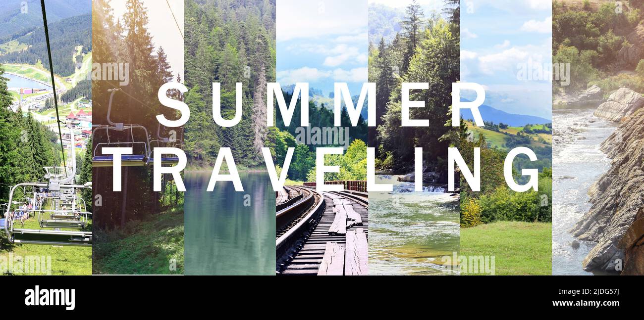 Summer collage with beautiful landscapes of mountain resorts Stock ...