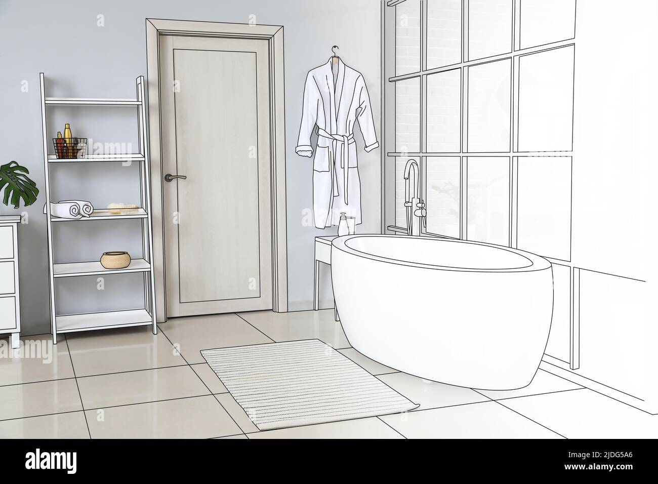 New interior of modern bathroom with stylish bathtub and rack Stock ...