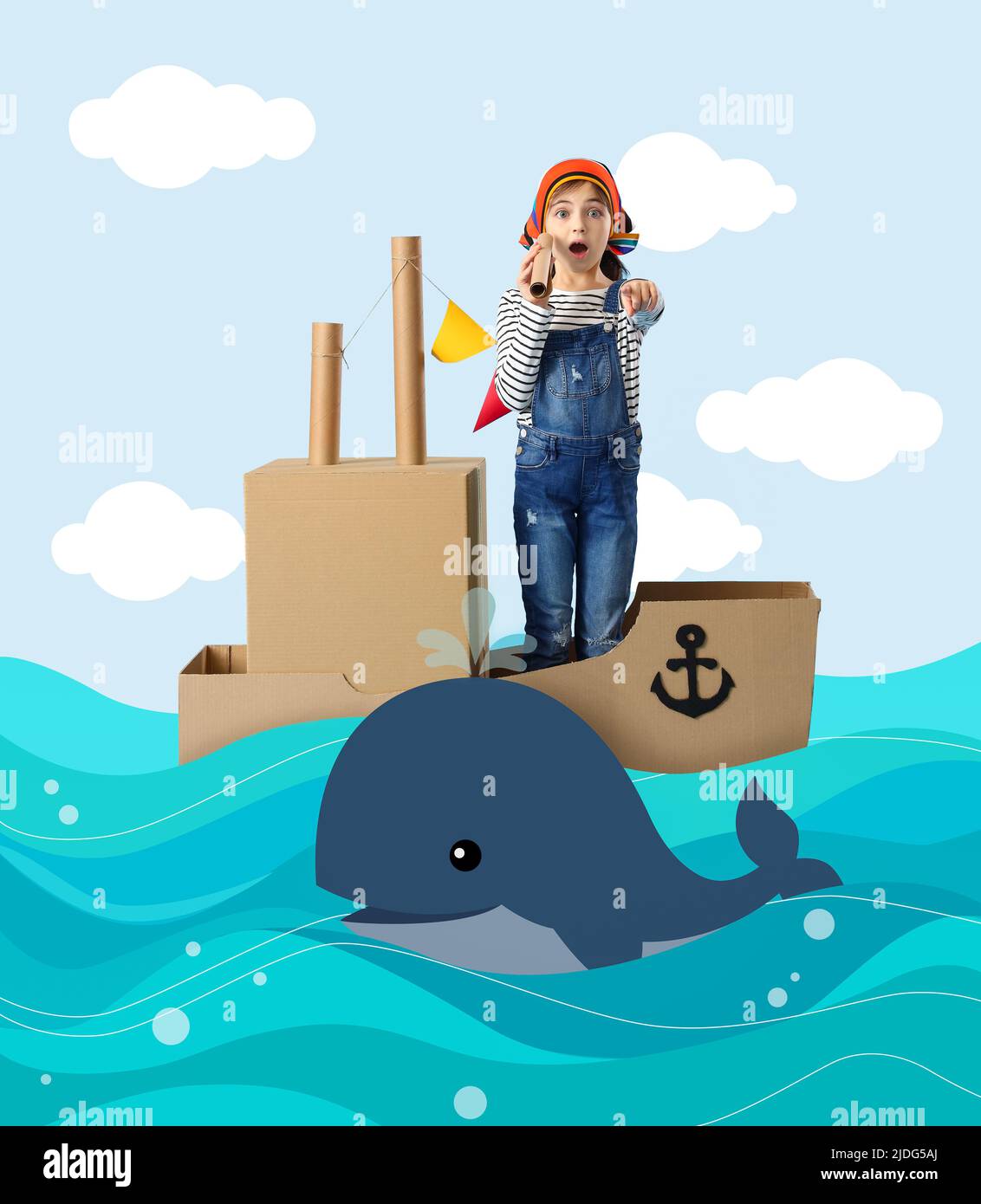 Surprised little girl sailing cardboard boat in drawn sea Stock Photo ...