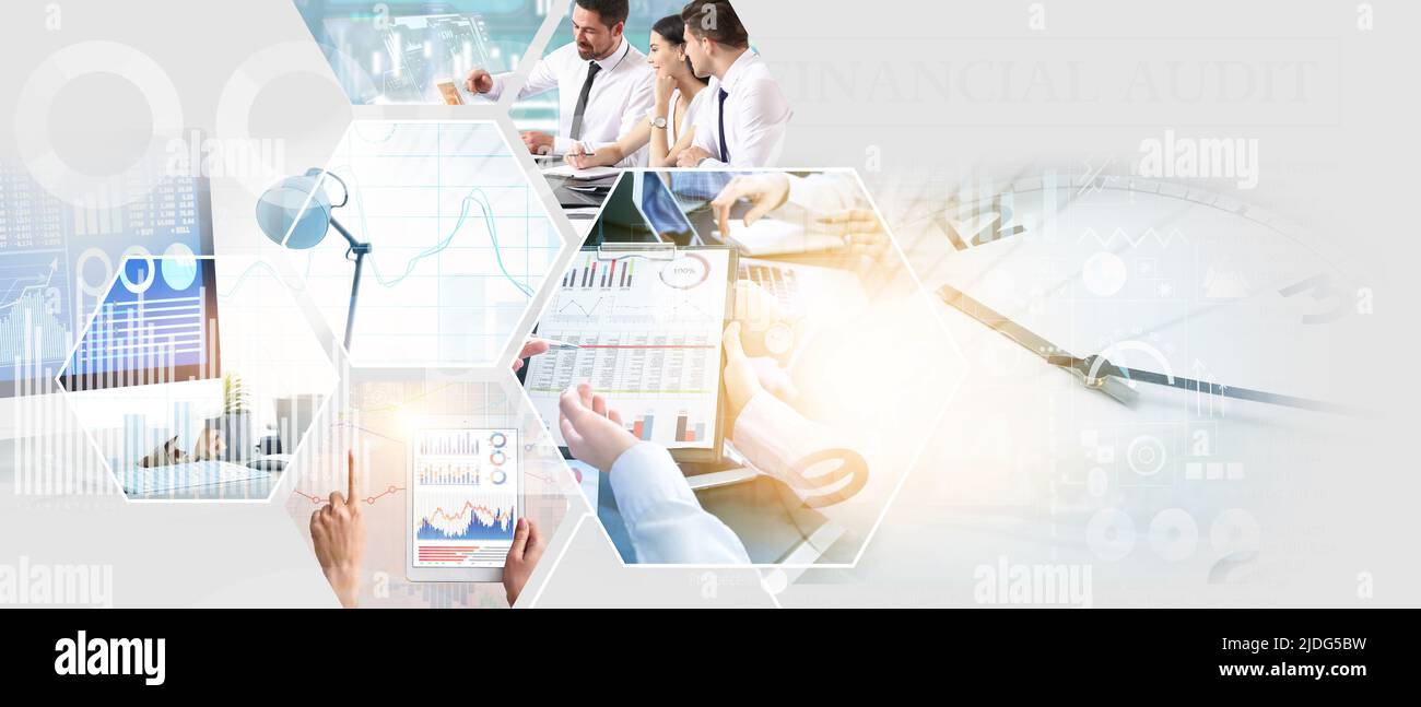 Creative business collage on light background Stock Photo - Alamy