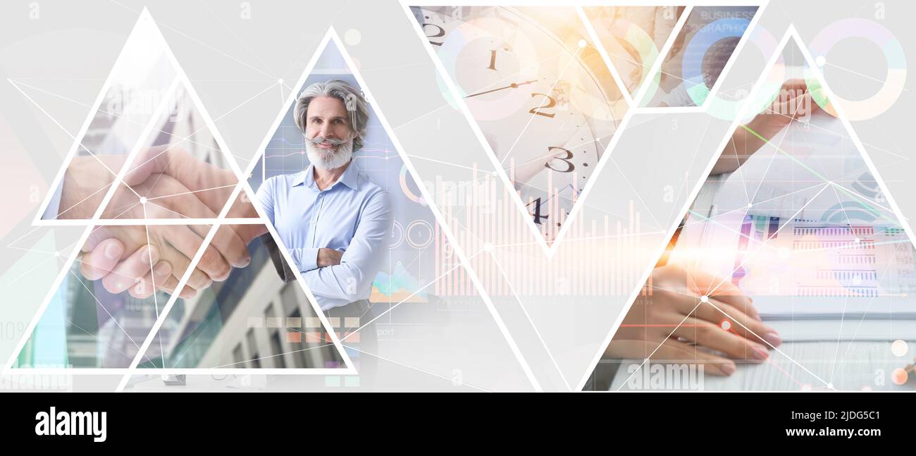 Creative business collage on light background Stock Photo - Alamy