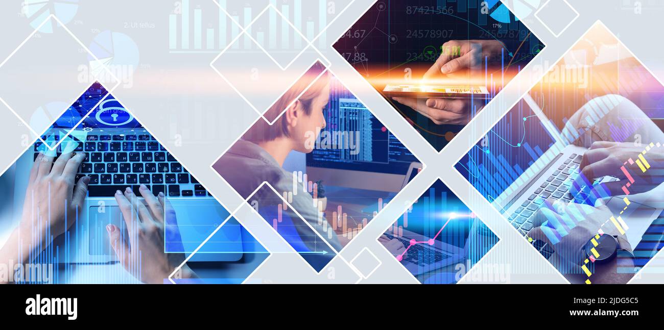 Creative business collage on light background Stock Photo - Alamy