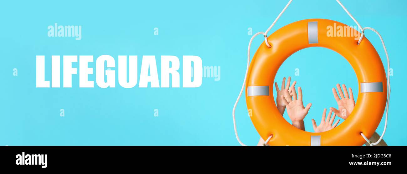 Many human hands with lifebuoy and word LIFEGUARD on light blue ...