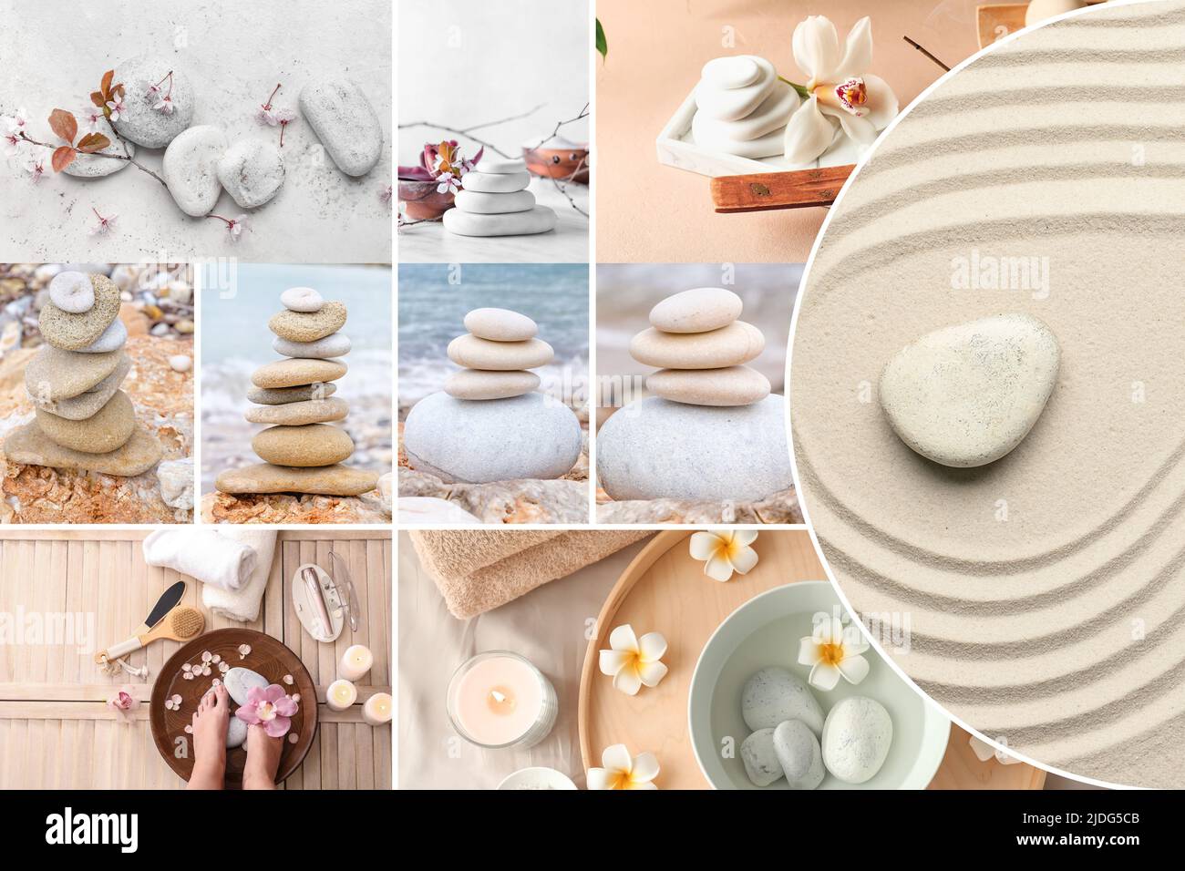 Beautiful spa collage with massage stones and flowers Stock Photo - Alamy