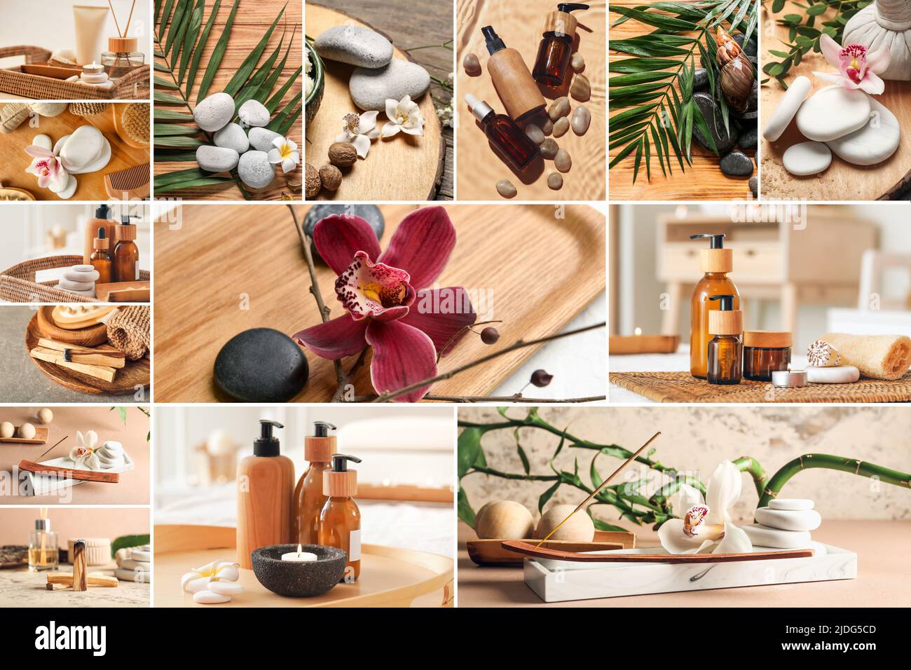 Beautiful spa collage with massage stones, flowers and cosmetics Stock ...