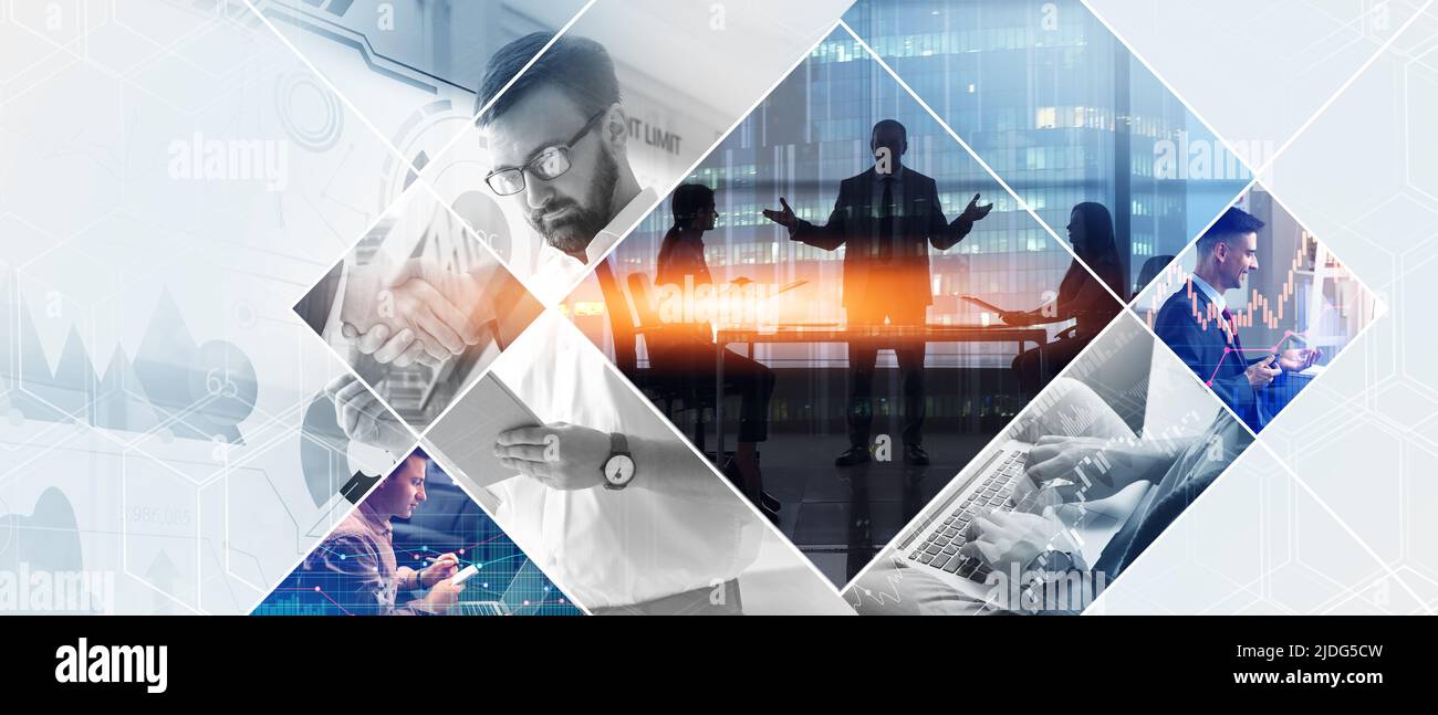 Creative business collage on light background Stock Photo - Alamy