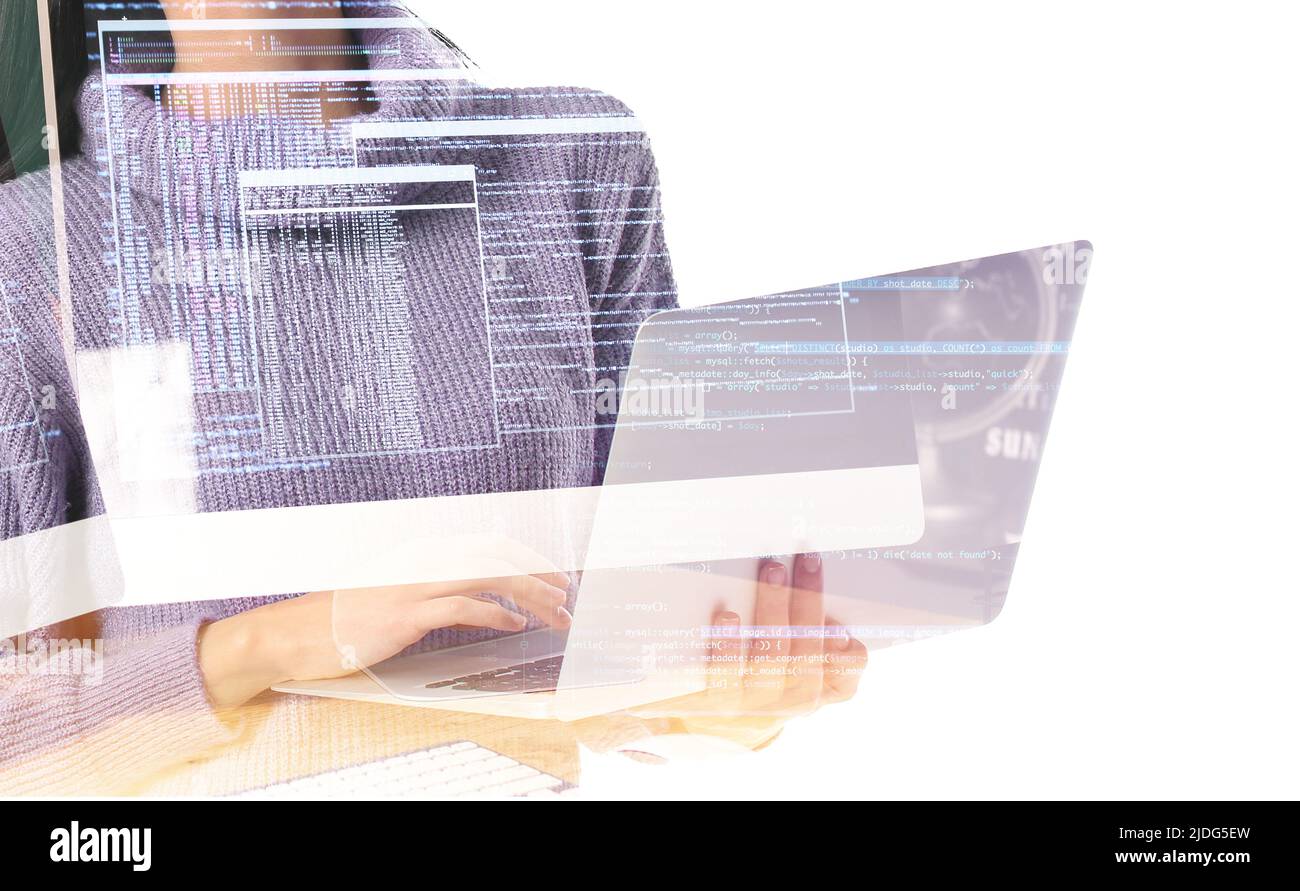 Multiple exposure of female programmer with laptop, JavaScript and modern office on white ...