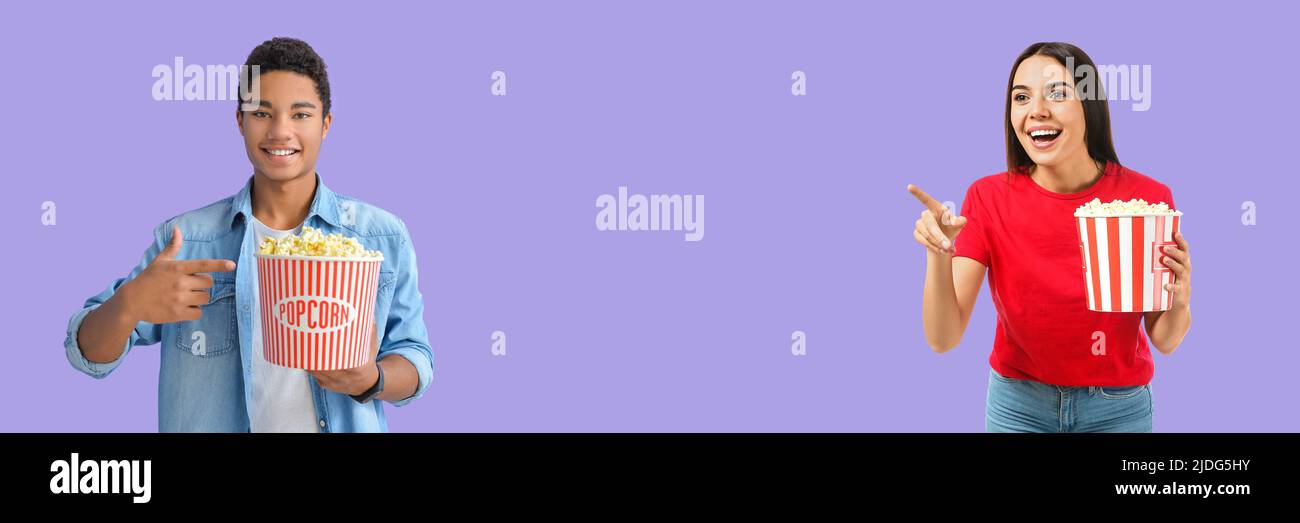 Happy people eating popcorn on lilac background with space for text ...