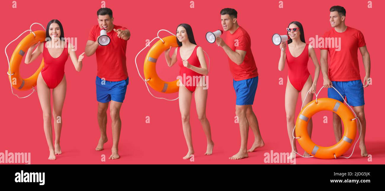 Set of lifeguards on red background Stock Photo - Alamy