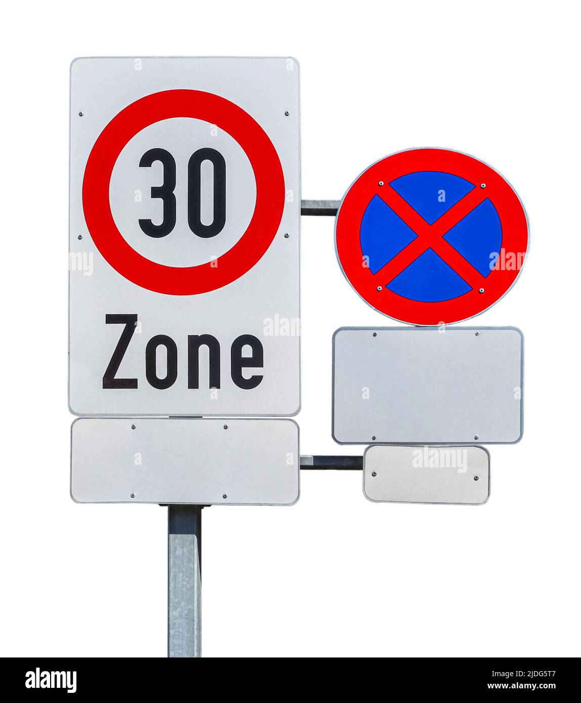 Traffic signs of speed limit, no parking and stopping on white ...