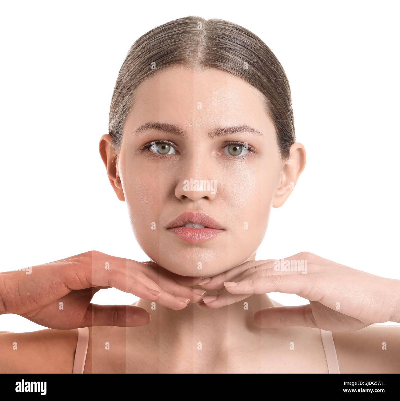 Portrait of pretty young woman with different tones of skin on white ...