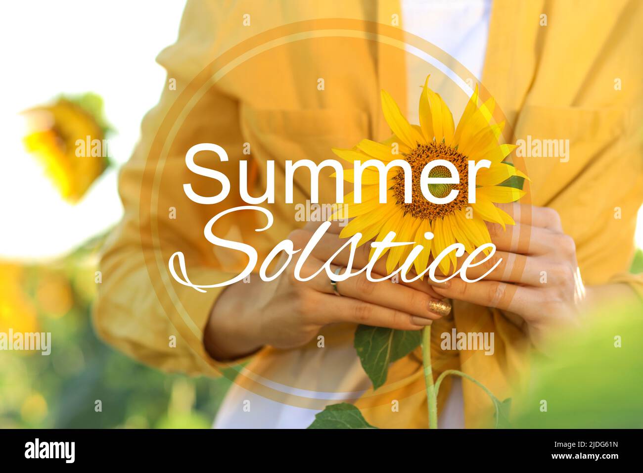 Poster with beautiful woman in sunflower field and text SUMMER SOLSTICE ...