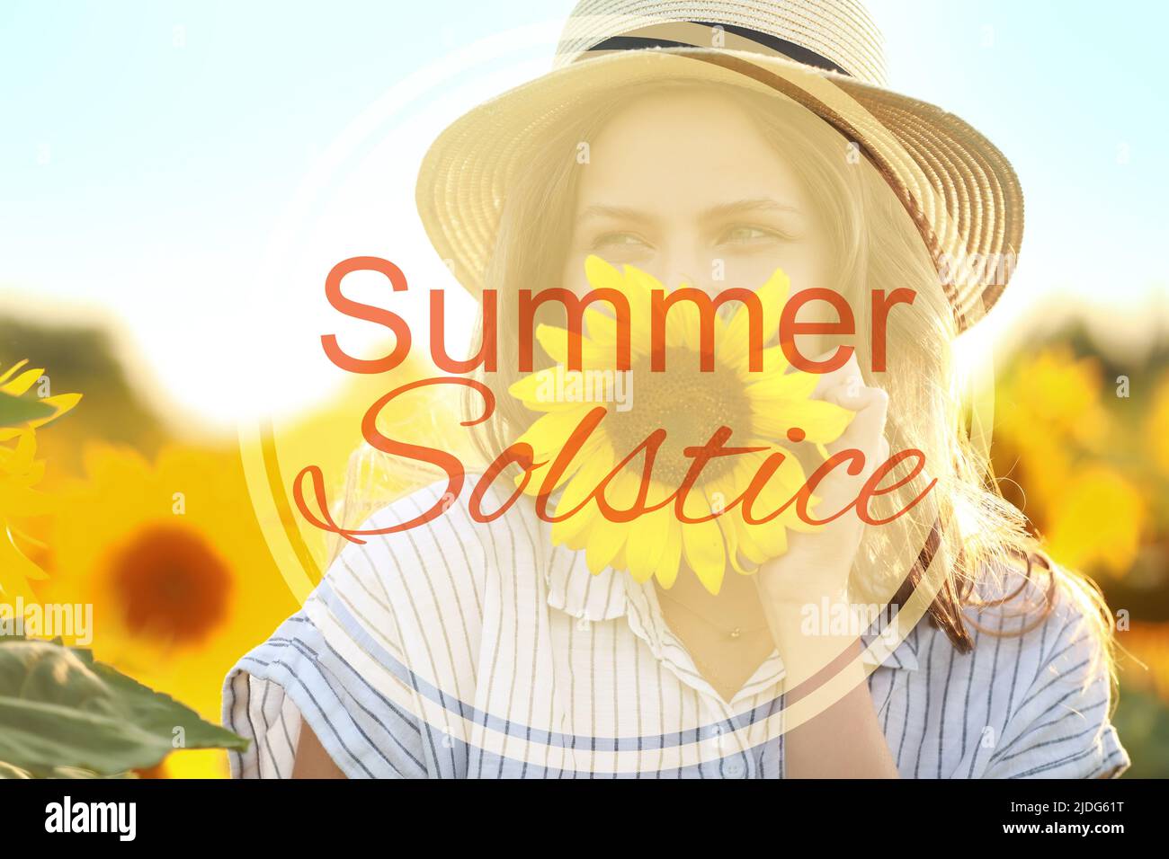 Poster with beautiful woman in sunflower field and text SUMMER SOLSTICE ...
