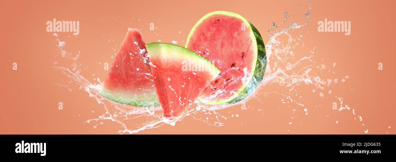 Sweet ripe watermelon and water drops on orange background Stock Photo ...