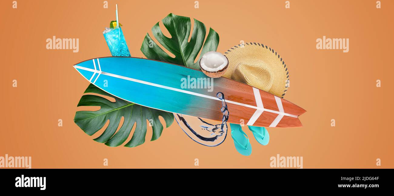 Collage with surfboard, water splash, tropical leaves and beach ...